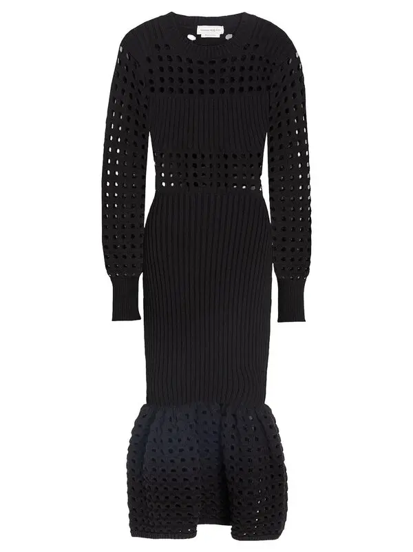 Alexander McQueen Ribbed Open-knit Cotton-blend Midi Dress - Black
