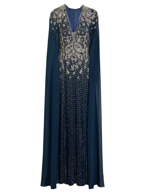 Jenny Packham Celeste Cape-effect Embellished Tulle Gown - Navy