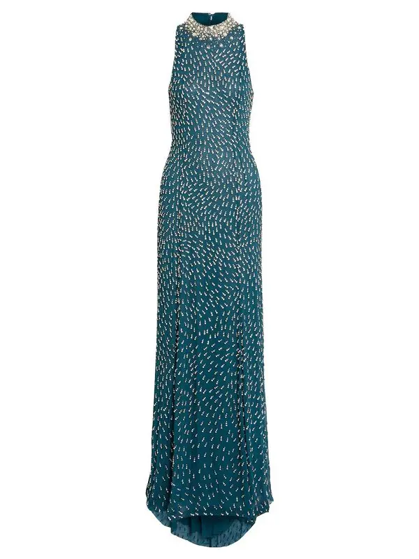 Jenny Packham Embellished Chiffon Gown - Petrol