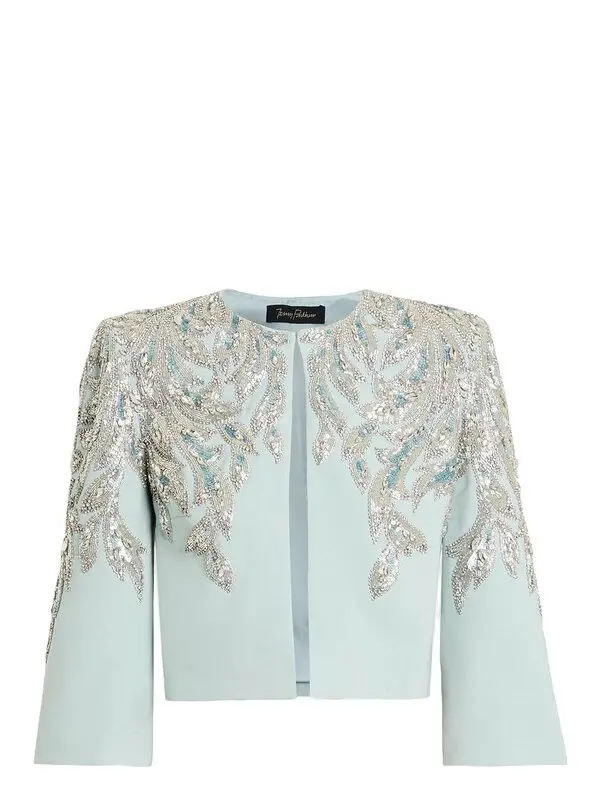 Jenny Packham Cropped Embellished Crepe Jacket - Sky Blue