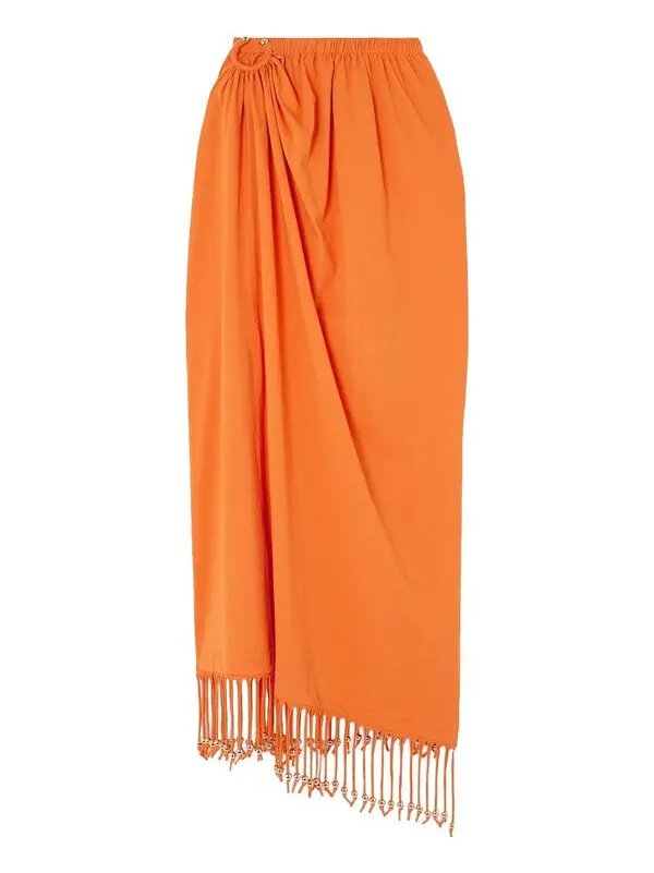 Rabanne Fringed Embellished Gathered Cotton-jersey Midi Skirt - Orange