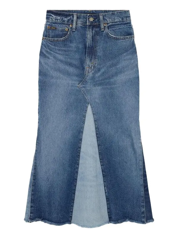 Polo Ralph Lauren Paneled Denim Midi Skirt With Frayed Hem - Mid Denim