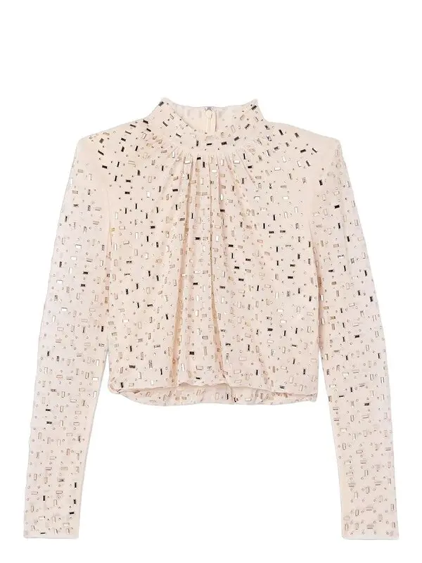 SELF-PORTRAIT Cropped Embellished Mesh Turtleneck Top - Ecru