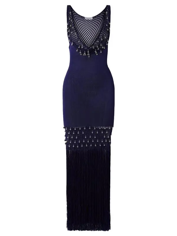 Rabanne Embellished Fringed Crochet Maxi Dress - Navy