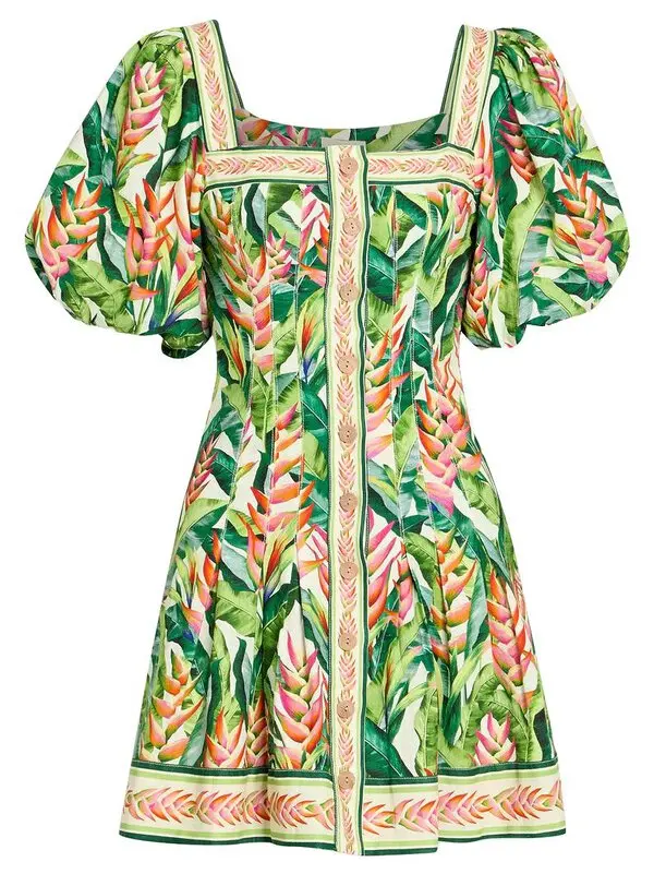Farm Rio Printed Linen-blend Mini Dress With Puff Sleeves - Green