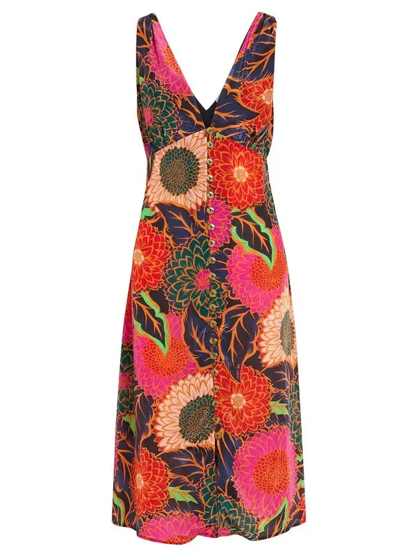 Farm Rio Floral Print Satin Midi Dress - Fuchsia