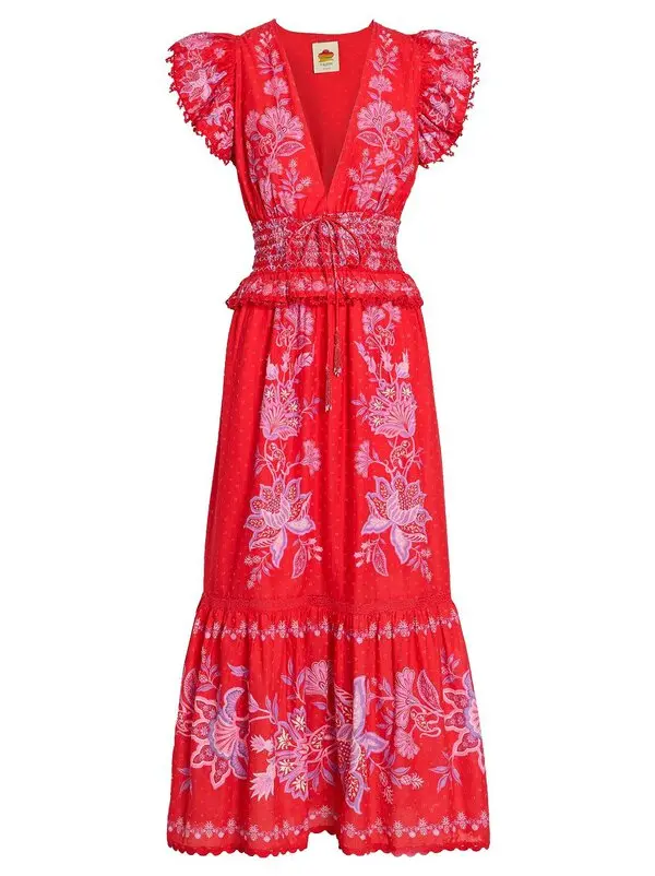 Farm Rio Floral Print Swiss Dot Cotton Voile Maxi Dress - Red