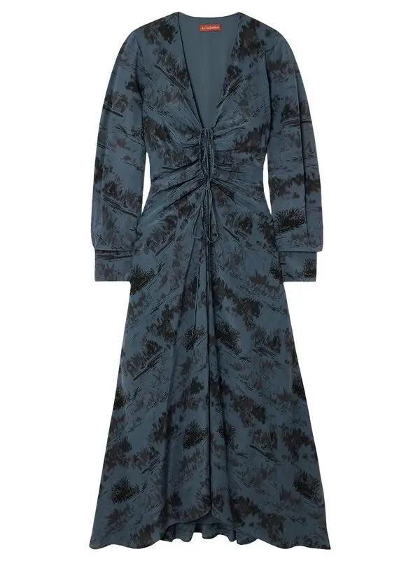 Altuzarra Mila Ruched Printed Silk Crepe Midi Dress - Storm Blue