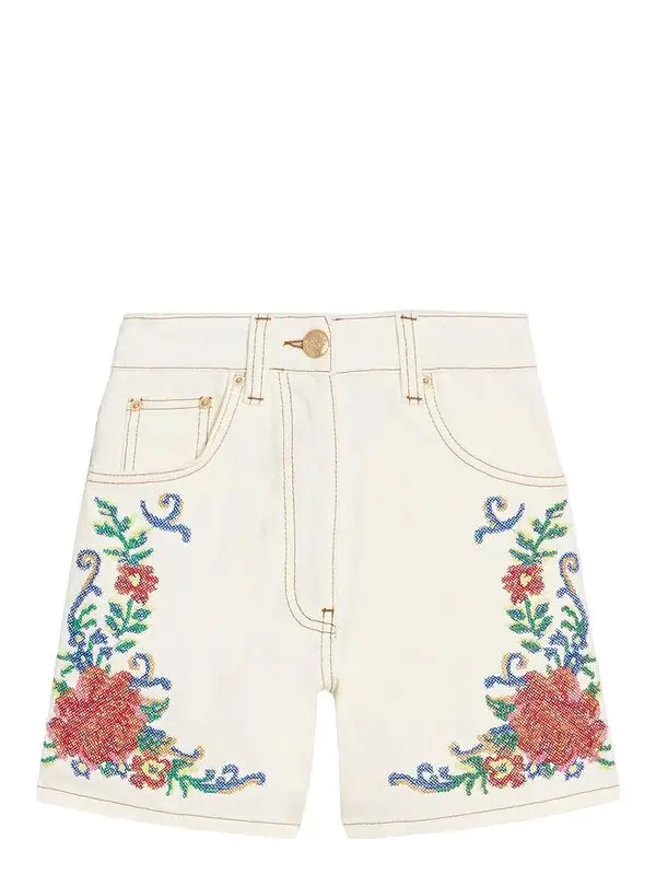 Farm Rio Embroidered High-rise Denim Shorts - Off-white