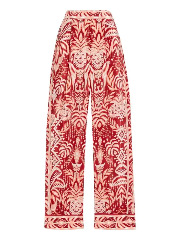 Farm Rio Pleated Printed Satin-crepe Straight-leg Pants - Brick