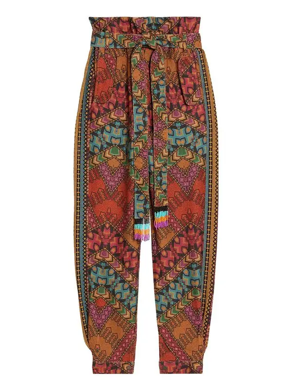 Farm Rio Belted Printed Cotton Tapered Pants - Multicolor