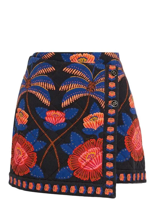 Farm Rio Quilted Denim Wrap Mini Skirt With Tropical Print - Black