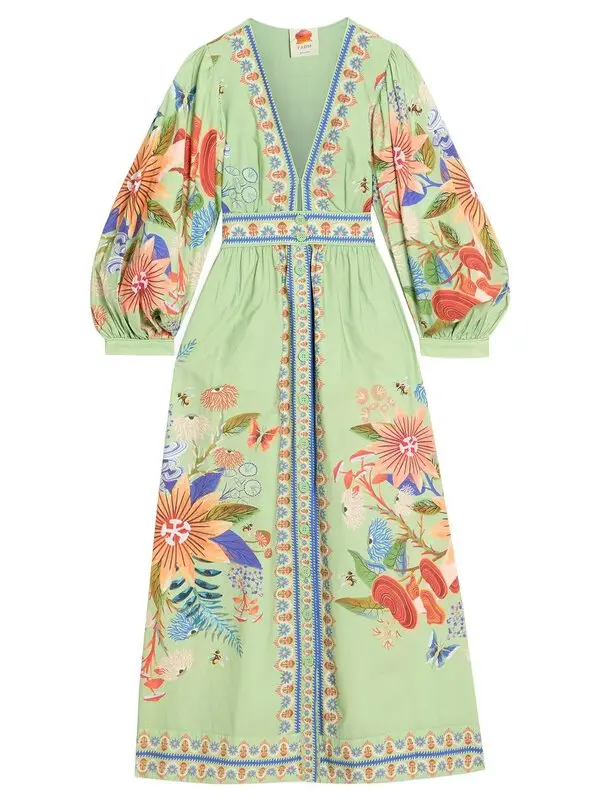 Farm Rio Floral Print Cotton Poplin Maxi Dress - Light Green