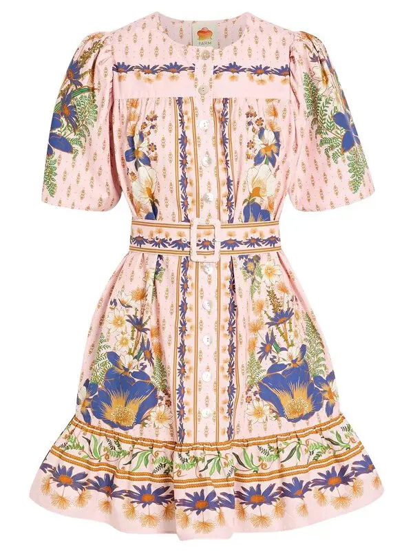 Farm Rio Printed Cotton-poplin Mini Dress With Puff Sleeves And Belted Waist - Baby Pink