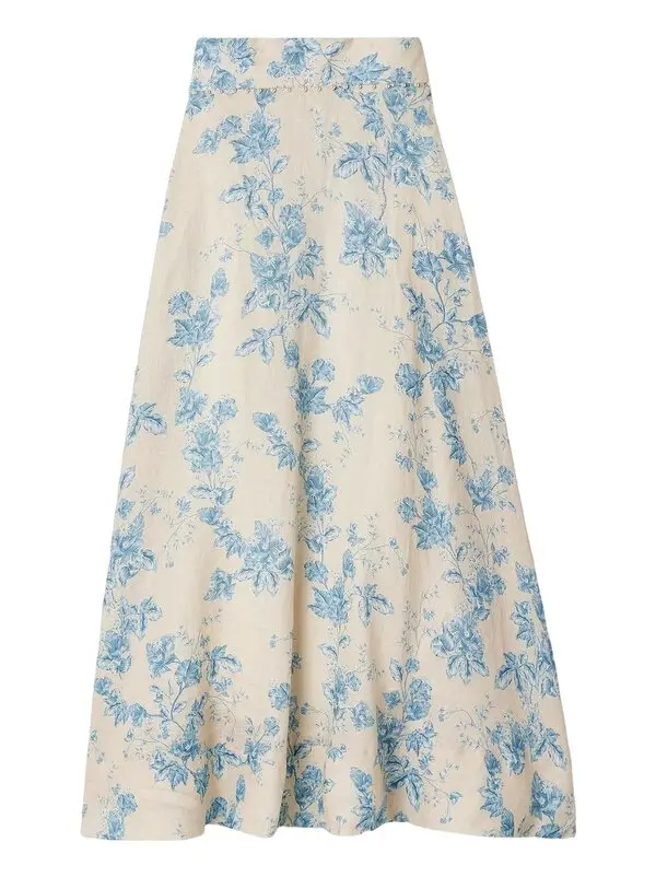 Agua Bendita Bergamota Bougainvillea Floral-print Linen Midi Skirt - Beige