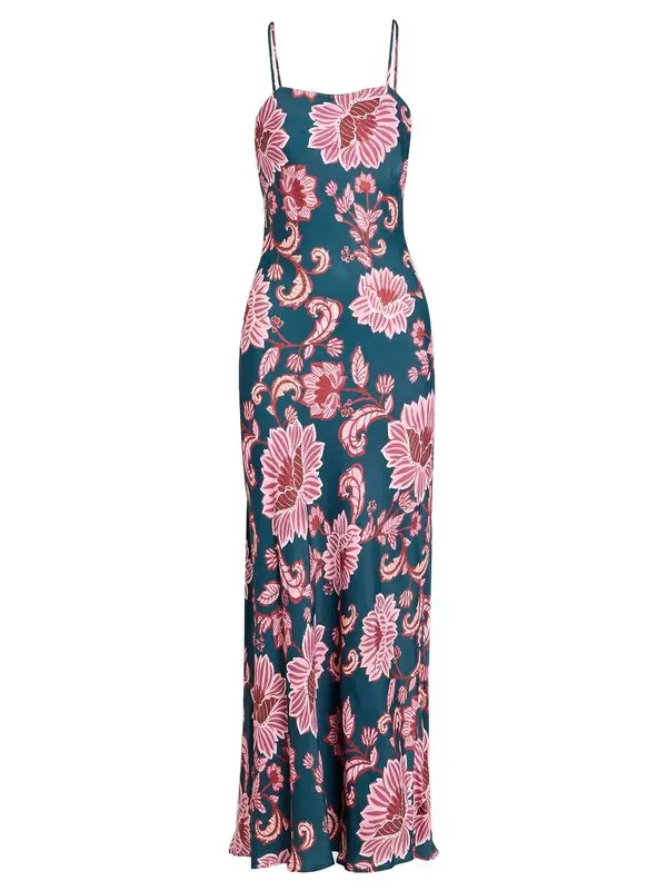 Farm Rio Floral Print Satin Maxi Slip Dress - Storm Blue