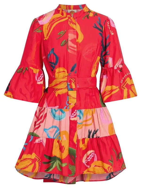 Farm Rio Belted Printed Cotton-poplin Mini Shirt Dress - Papaya