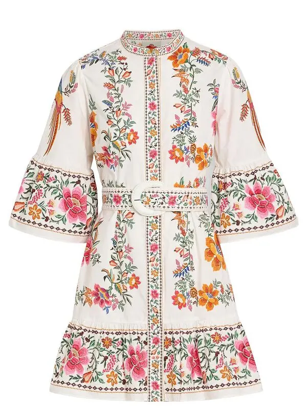 Farm Rio Belted Printed Cotton Poplin Mini Shirt Dress - Off-white