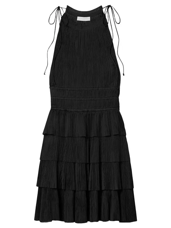 Ulla Johnson Cecily Tiered Plissé Satin Mini Dress - Black