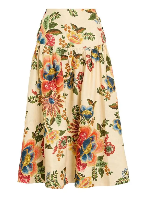 Farm Rio Floral Print Linen Midi Skirt - Pastel Yellow