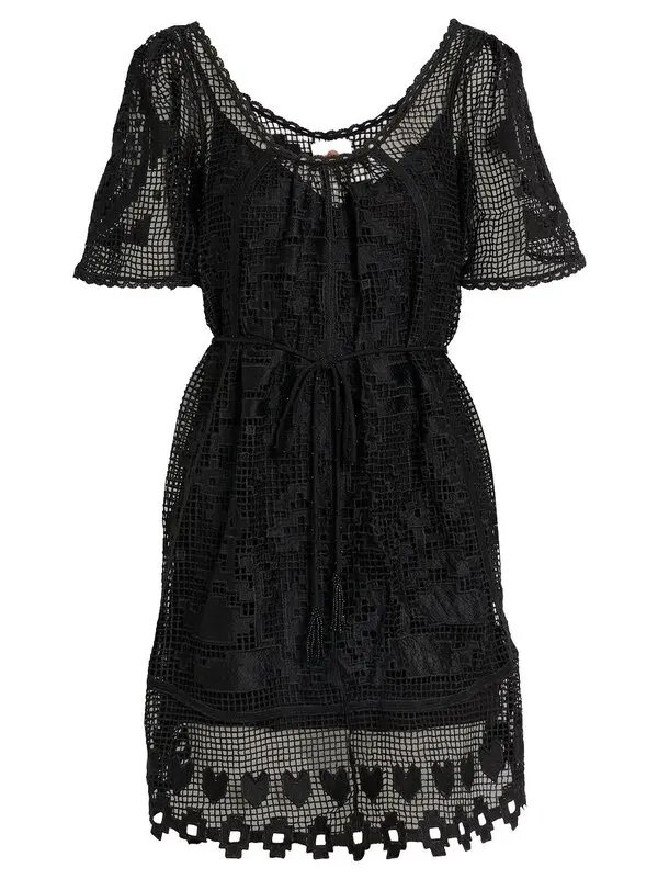 Farm Rio Guipure Lace Mini Dress With Beads And Drawstring Waist - Black