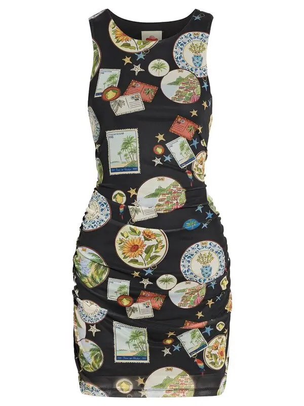 Farm Rio Ruched Printed Stretch-mesh Mini Dress - Black