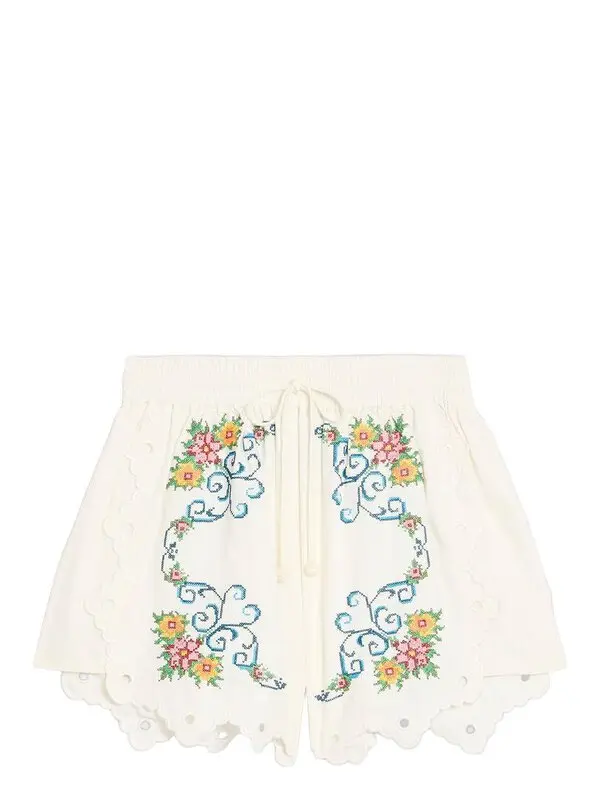 Farm Rio Scalloped Embroidered Linen-blend Shorts - Off-white