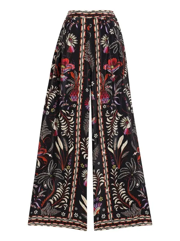 Farm Rio Embellished Printed Satin Wide-leg Pants - Black