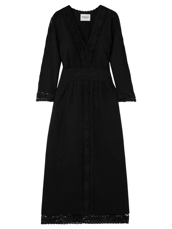 MARANT ETOILE Veona Lace-trimmed Linen And Cotton-blend Midi Dress - Black
