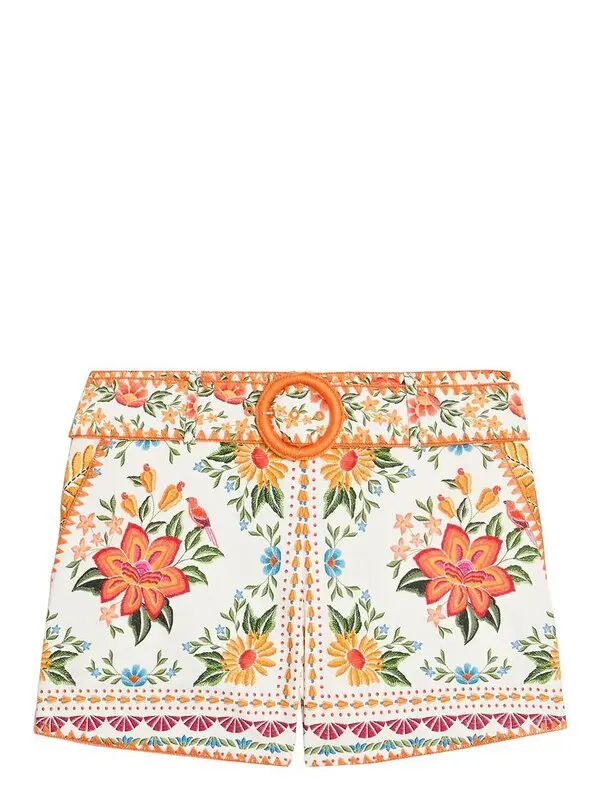 Farm Rio Belted Printed Cotton-twill Shorts With Embroidered Trims - Orange