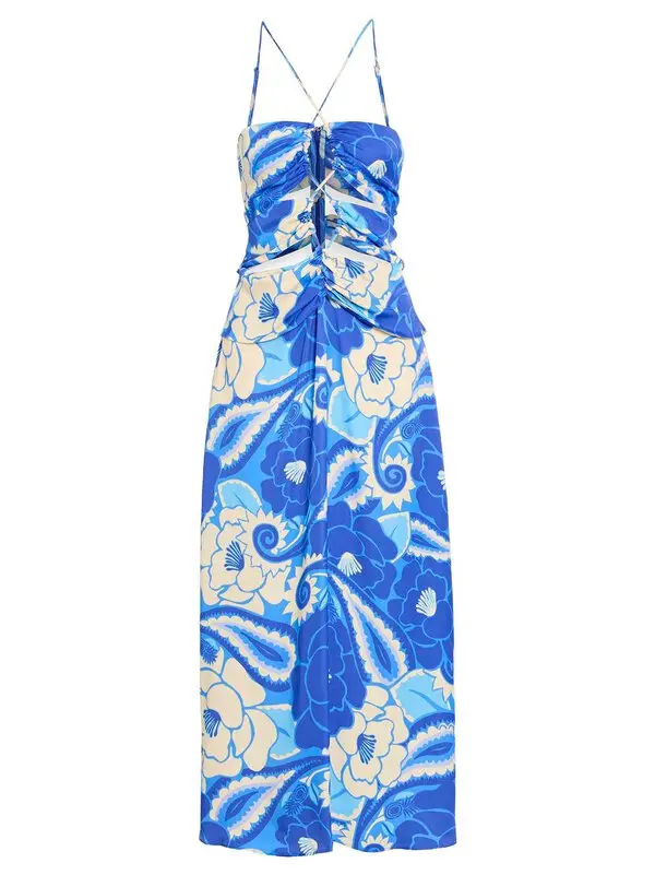 Farm Rio Cutout Printed Satin Halterneck Midi Dress - Royal Blue