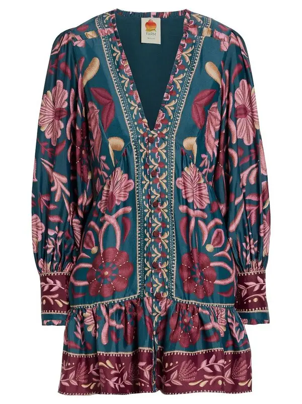 Farm Rio Ruffled Printed Satin Mini Dress - Petrol