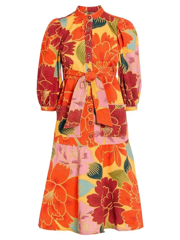 Farm Rio Belted Tiered Floral-print Denim Dress - Orange