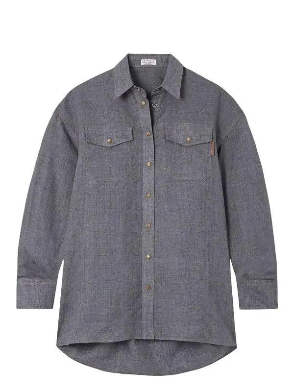 Brunello Cucinelli Linen Shirt With Bead Embellishment - Anthracite