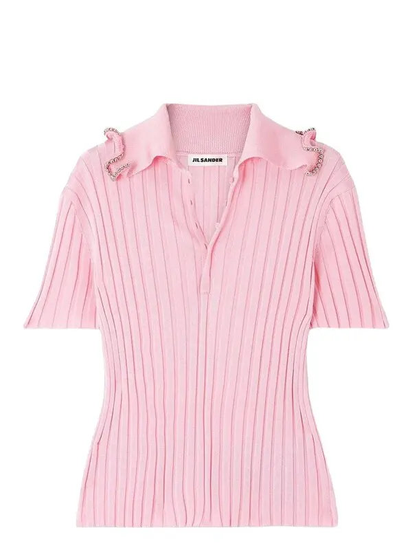 JIL SANDER Embellished Ribbed Knit Polo Sweater - Baby Pink
