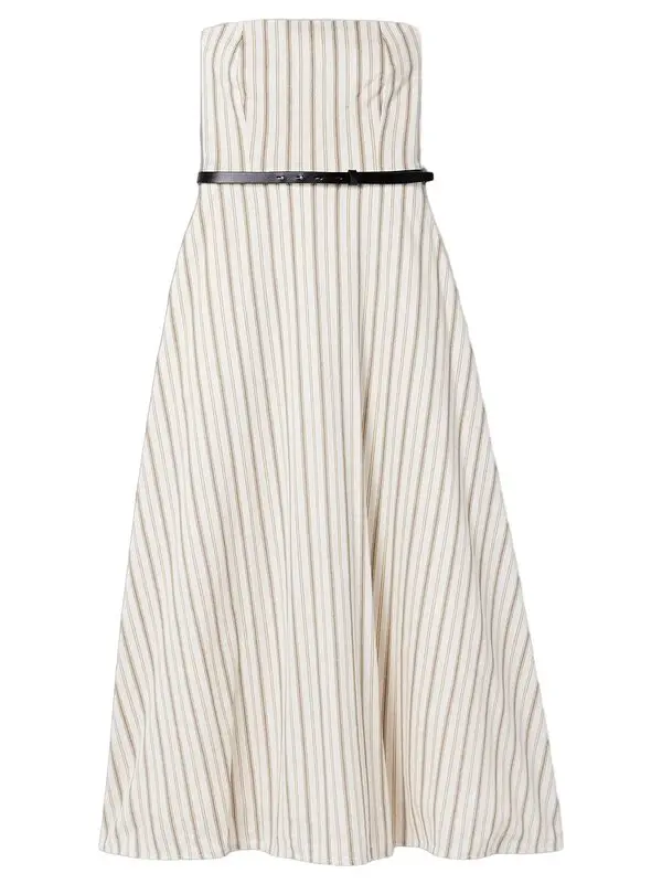 Max Mara Fervida Belted Strapless Striped Cotton And Linen-blend Midi Dress - Ecru