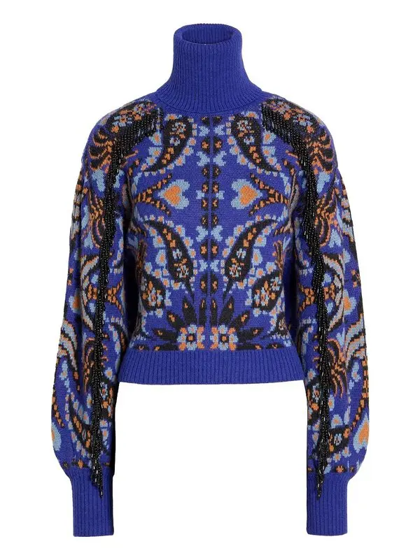 Farm Rio Martina Embellished Jacquard Knit Turtleneck Sweater - Navy
