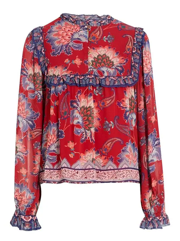 Farm Rio Ruffled Printed Crepe Blouse - Claret