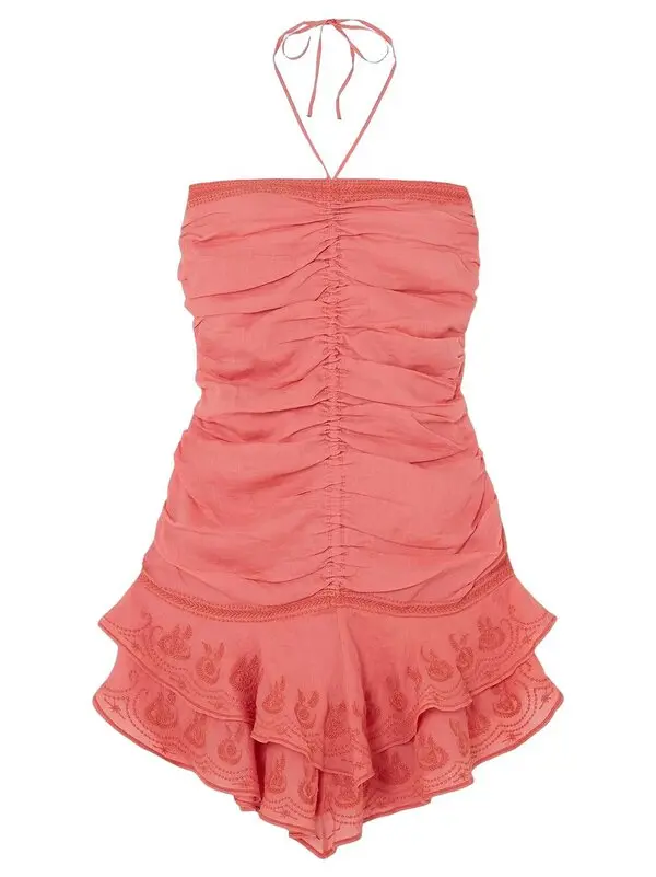 Isabel Marant Étoile Emanuela Ruched Embroidered Halterneck Mini Dress - Coral