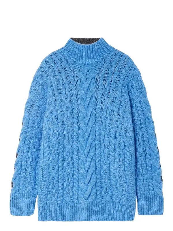 Stella McCartney Oversized Two-tone Cable Knit Alpaca-blend Turtleneck Sweater - Azure