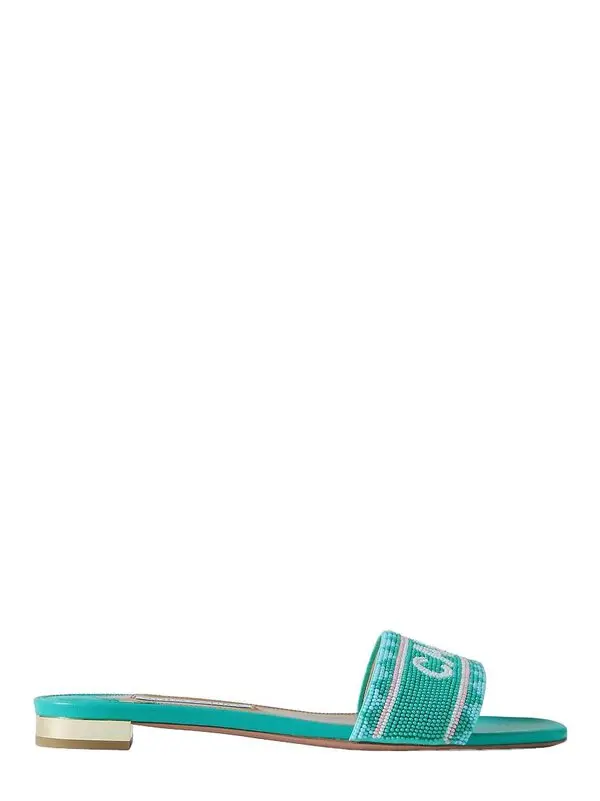 AQUAZZURA Capri Beaded Leather Slides - Turquoise