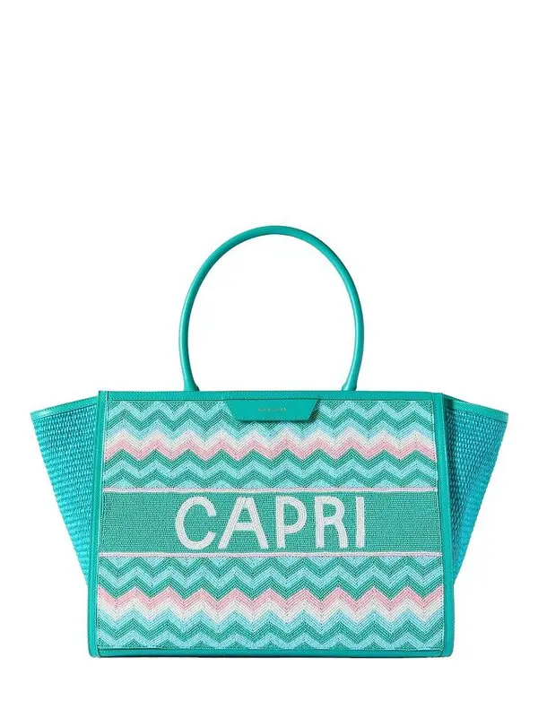 AQUAZZURA Capri Beaded Raffia Tote - Turquoise