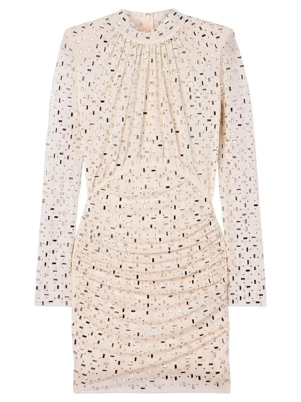 SELF-PORTRAIT Embellished Gathered Mesh Turtleneck Mini Dress - Cream