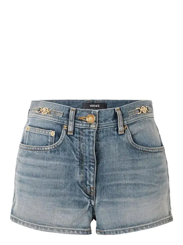 Versace Embellished Mid-rise Denim Shorts - Mid Denim
