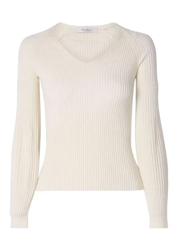 Max Mara Ribbed Cotton V-neck Sweater - Ivory