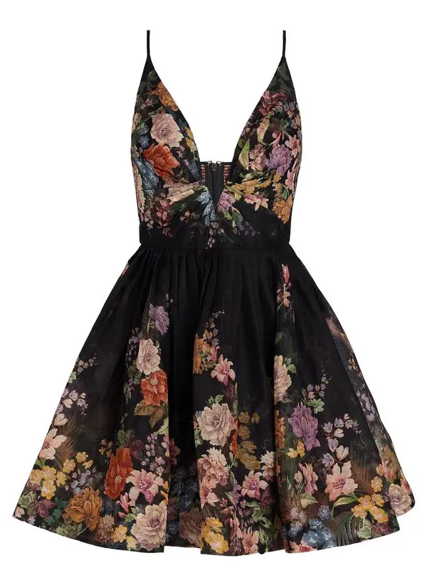 Zimmermann Floral-print Linen And Silk-blend Organza Mini Dress - Black