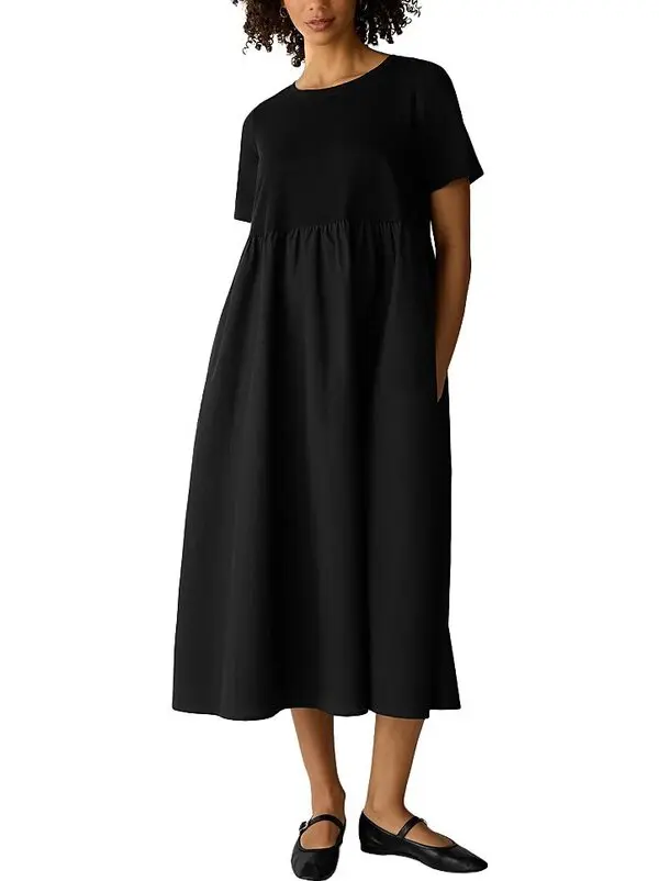 Eileen Fisher Short Sleeve Gathered Midi Dress - Black