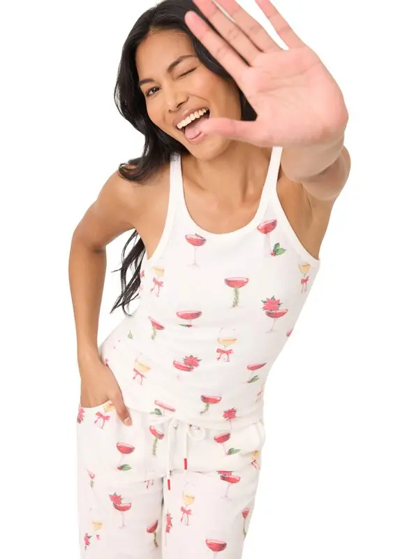 PJ Salvage Holiday Wine Print Racerback Tank - Ivory