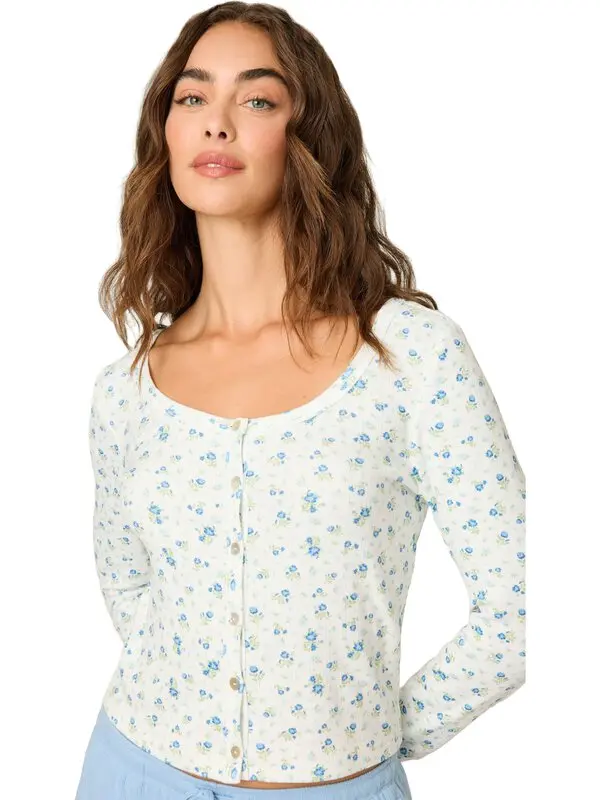 PJ Salvage Ditsy Floral Long Sleeve Pointelle Top - Ivory