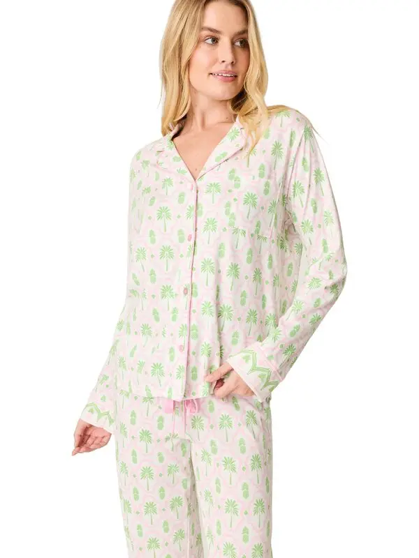 PJ Salvage Long Sleeve Cotton Pajama Shirt With Tropical Print - Ivory